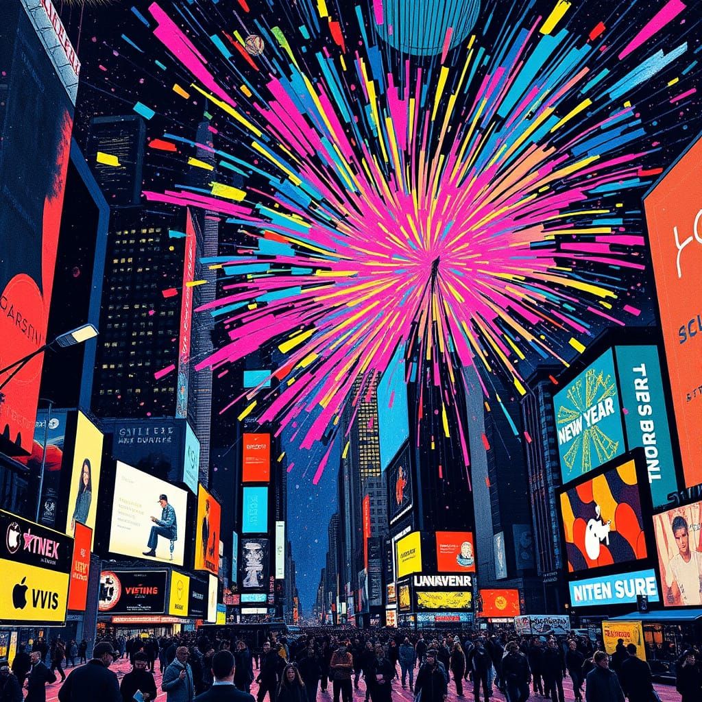 Times Square New Yearcs Eve fireworks in the style of Andy Warhol ...