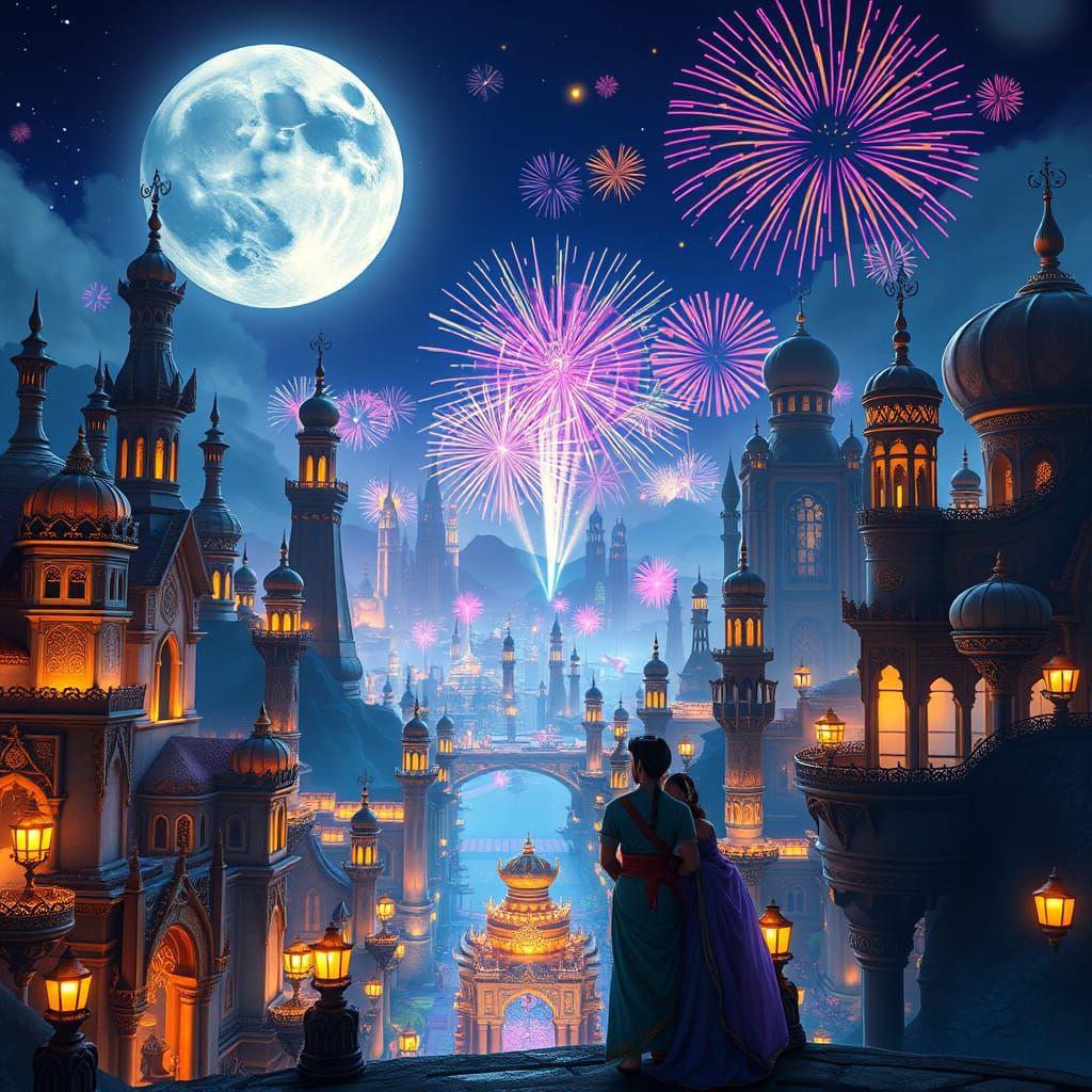 Aladdin and Jasmine in Moonlit Agrabah - AI Art