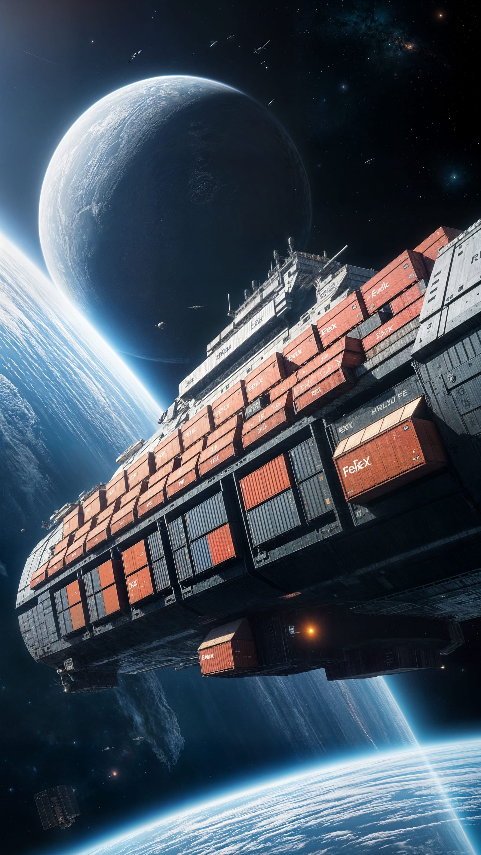 enormous cargo futuristic spacecraft, cargo containers line each side