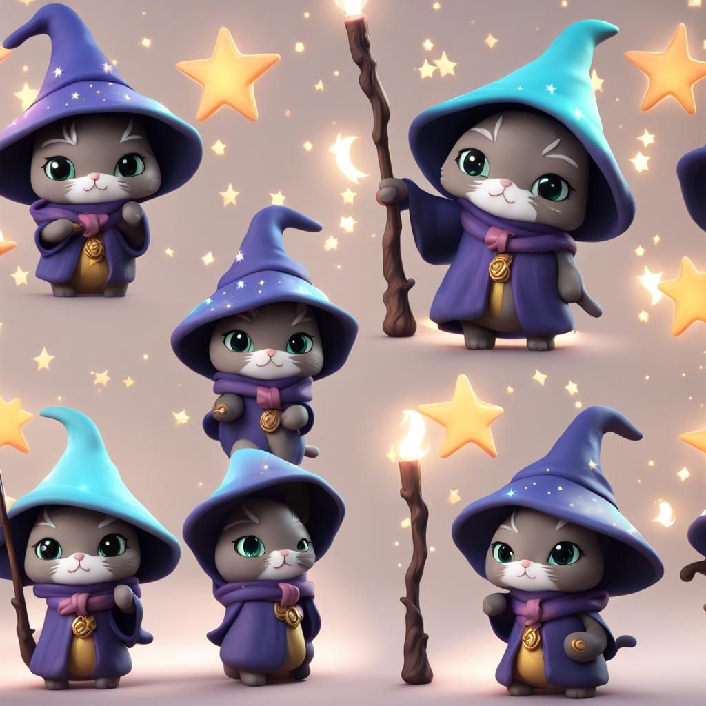 Chibi wizard cat character casting spells, oversized wizard hat ...