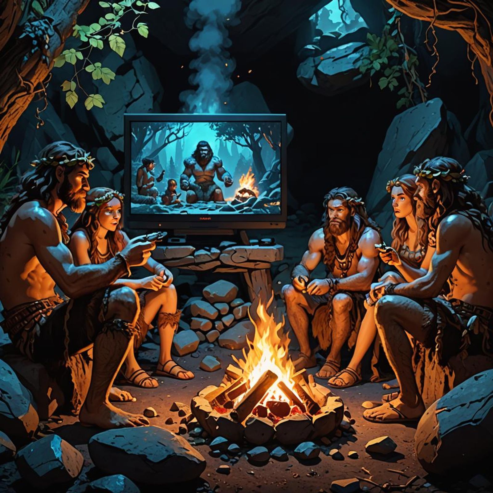 Cavemen and cavewomen gathered around a fire, playing at a television ...