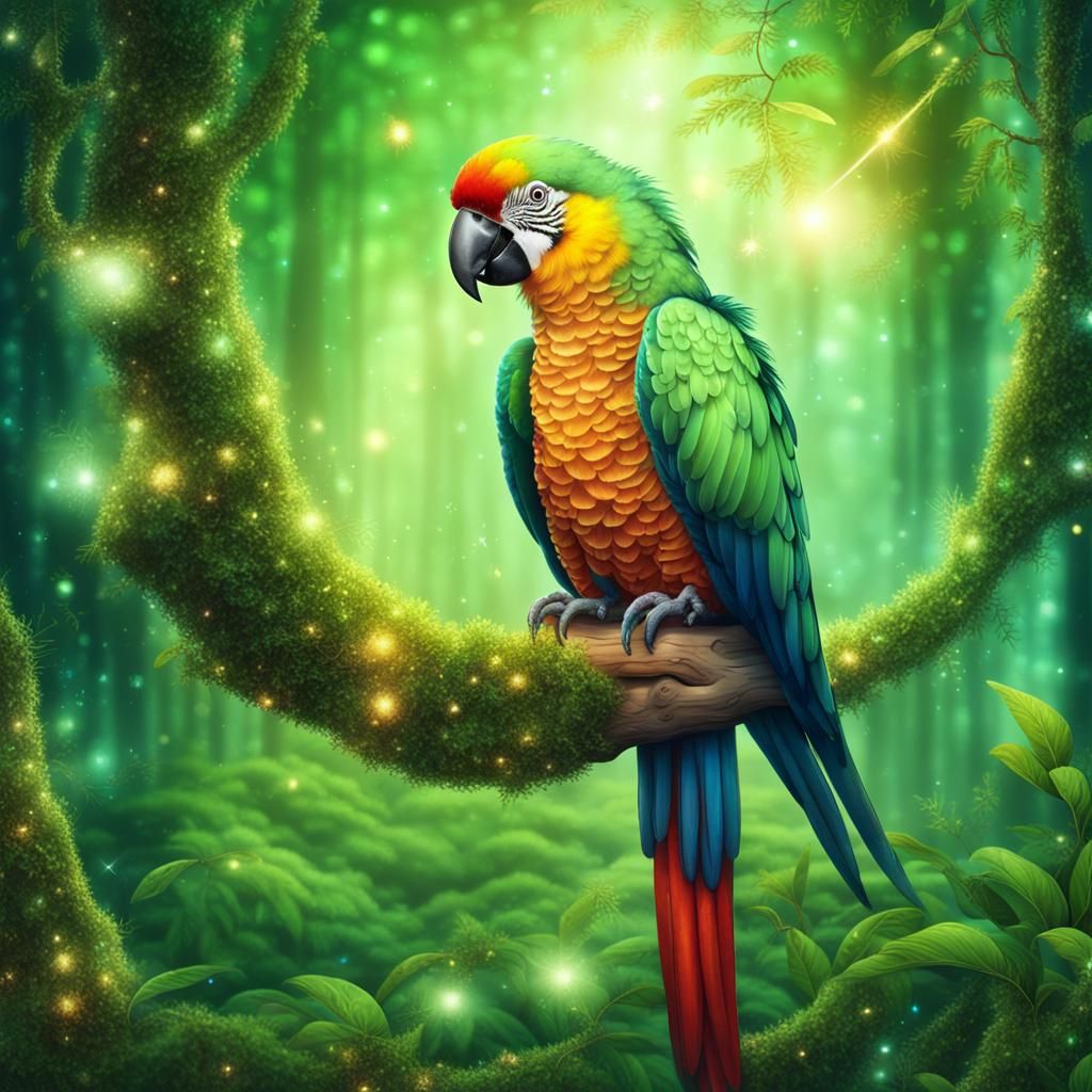 parrot sitting in a tree in a green sparkling forest - AI Generated ...