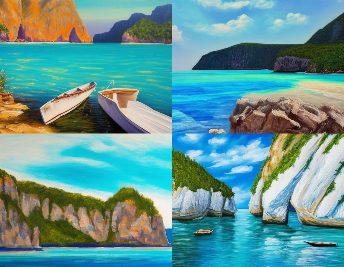 Oil Painting a breathtaking view of a serene cove, surrounded by ...