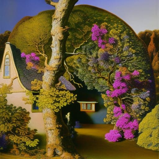 twisted bur oak tree near a cottage by Richard Dadd, Maxfield Parrish ...