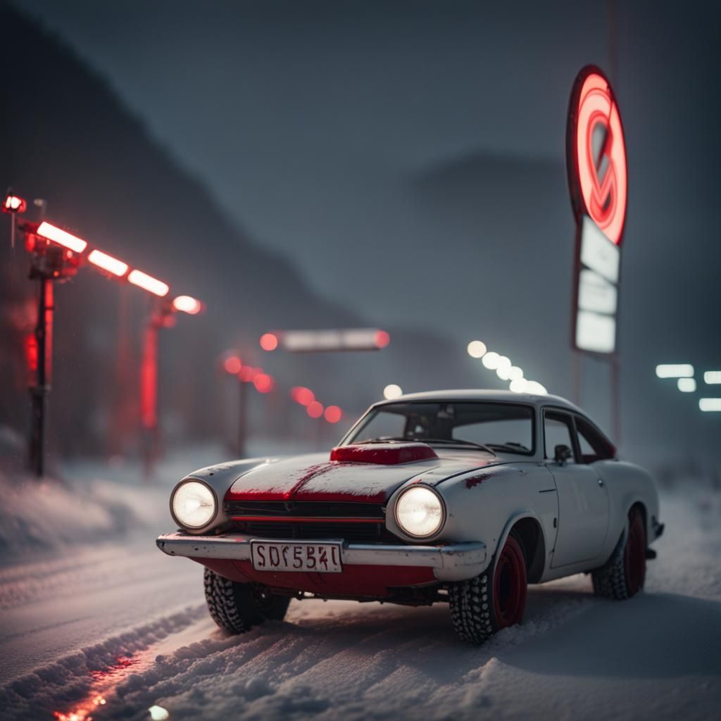 white and red soviet android, hammer and sickle, on wheels, neon lights ...