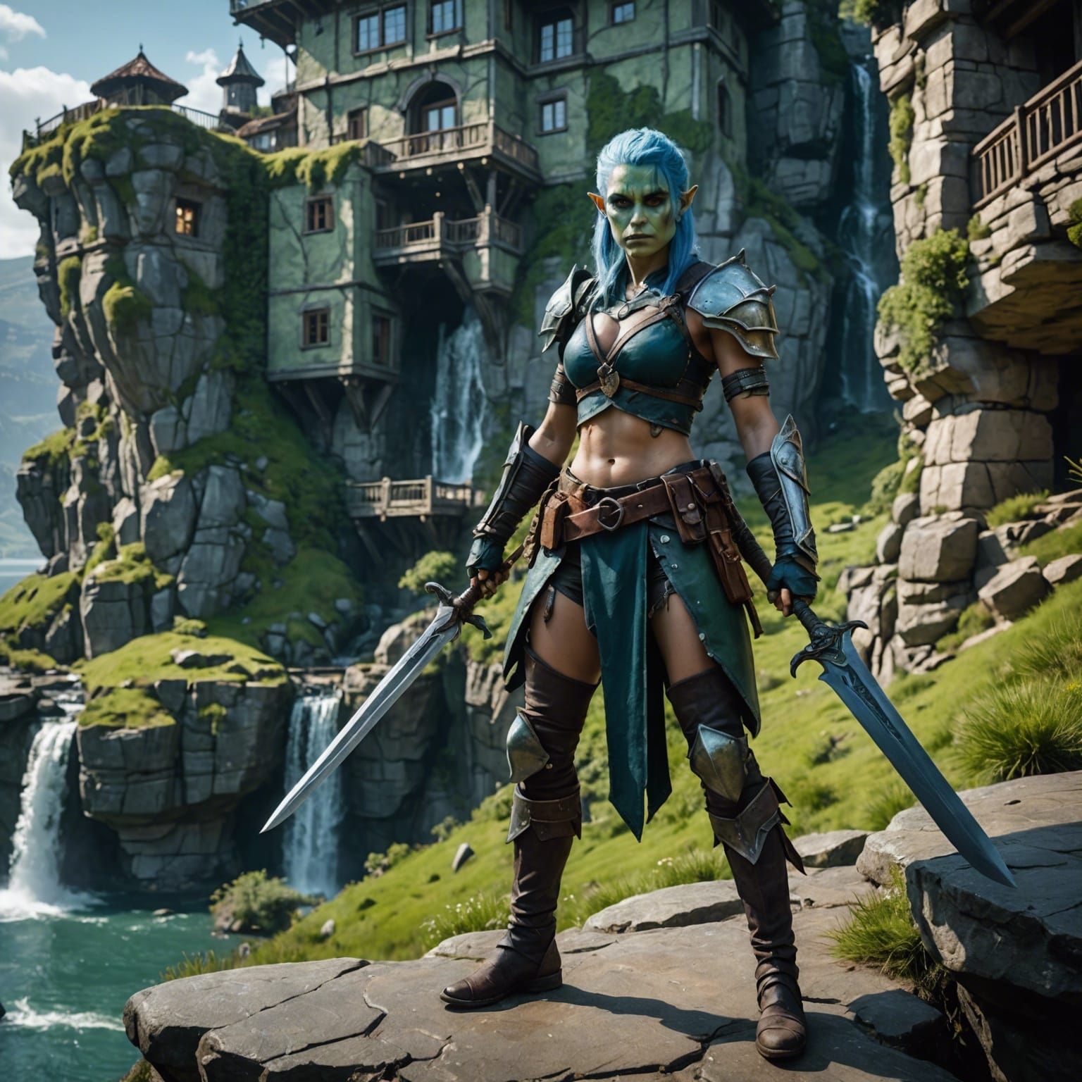A fullbody portrait of a young Female Orc Warrior with blue hair, green ...