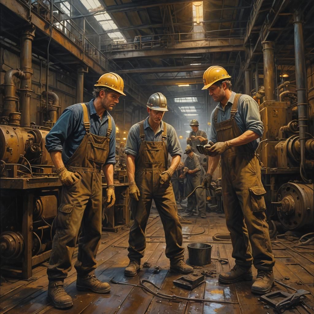 Industrial Oil Painting of Grimy Laborers in a Dir... - AI Art