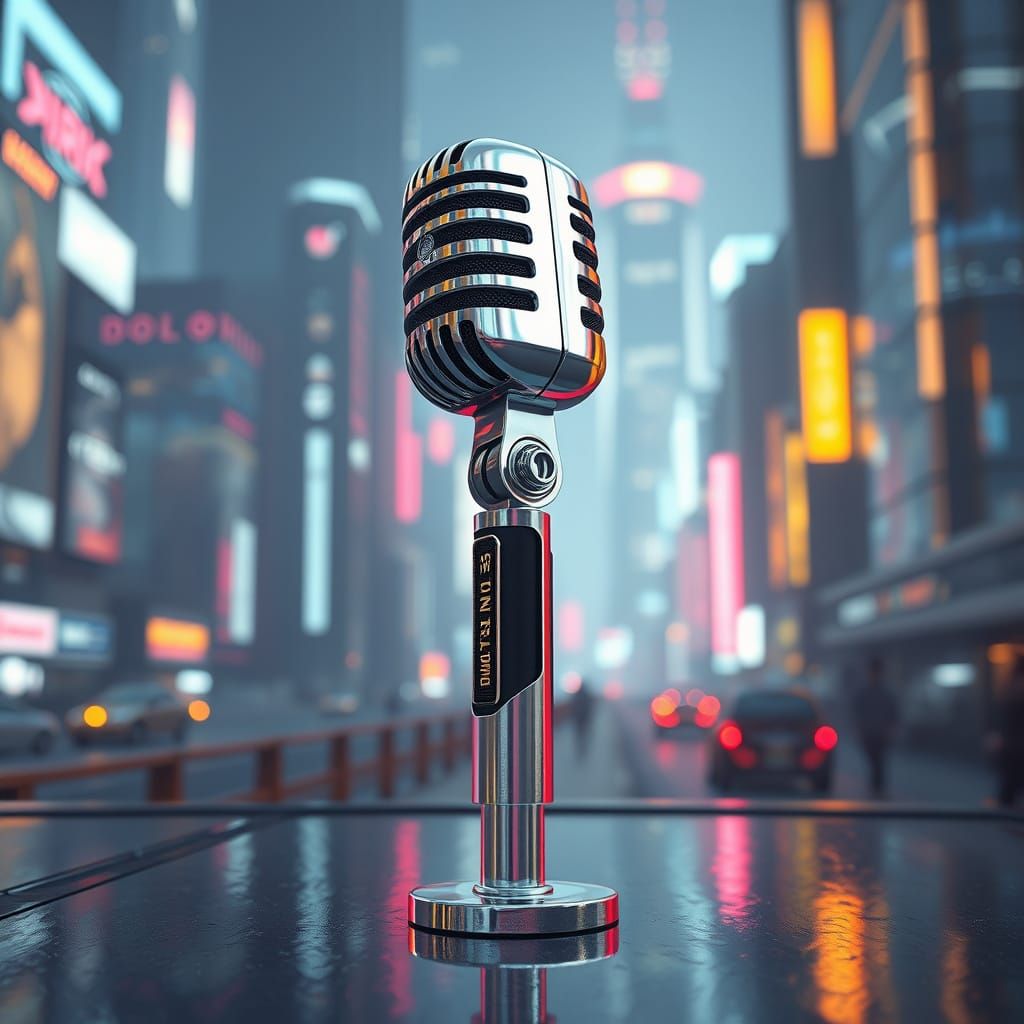 Sleek Sci-Fi Microphone in Futuristic Cityscape - AI Art