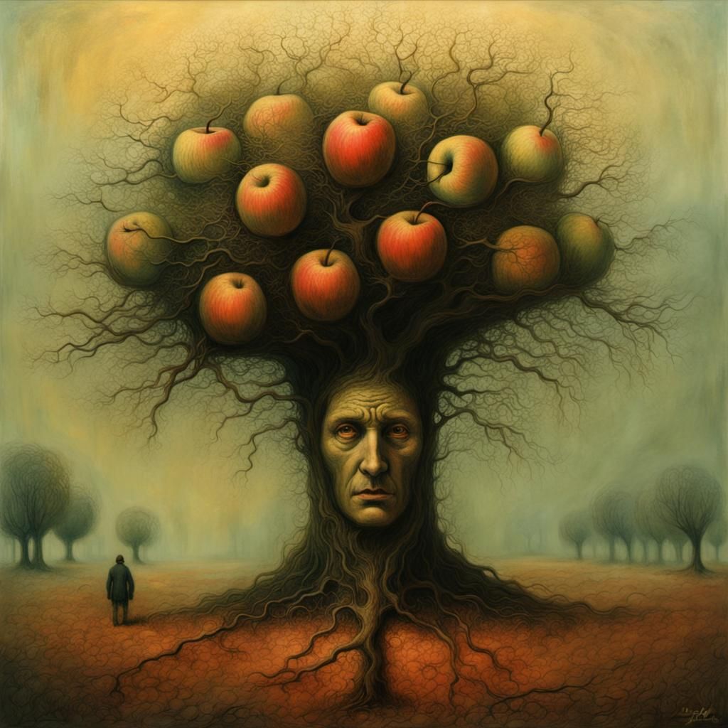 Surreal Apple Tree Figure in a Dark Foreground - AI Art