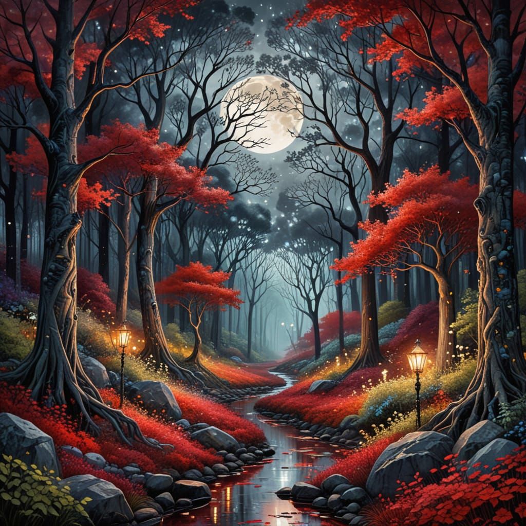 By Rebecca Vincent, Megan Duncanson, full moon behind arabesque forest ...