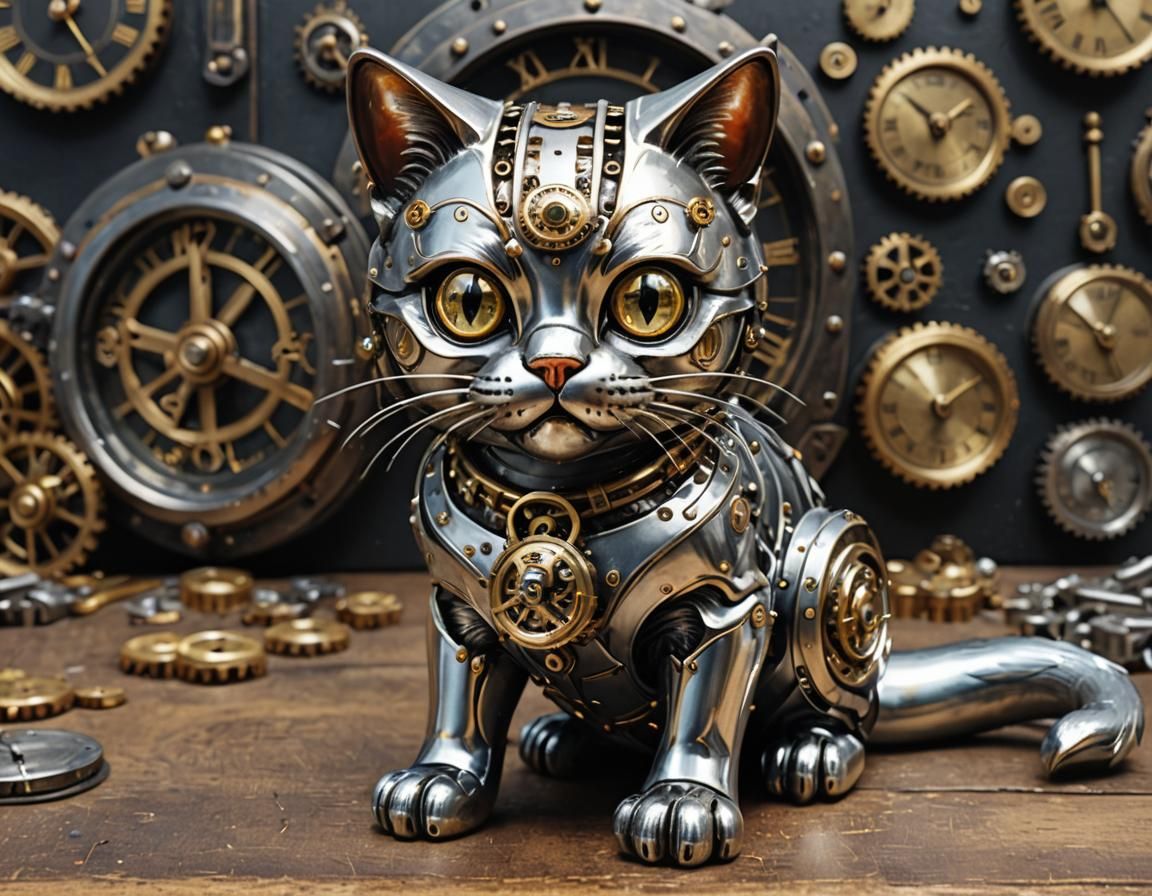 Gleaming metal housecat ready to pounce, clockwork Kitty cat, cute and ...