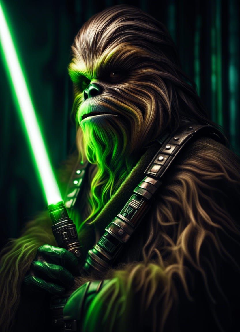 Photograph Portrait of a real Wookie Jedi glowing eyes, bone armor ...