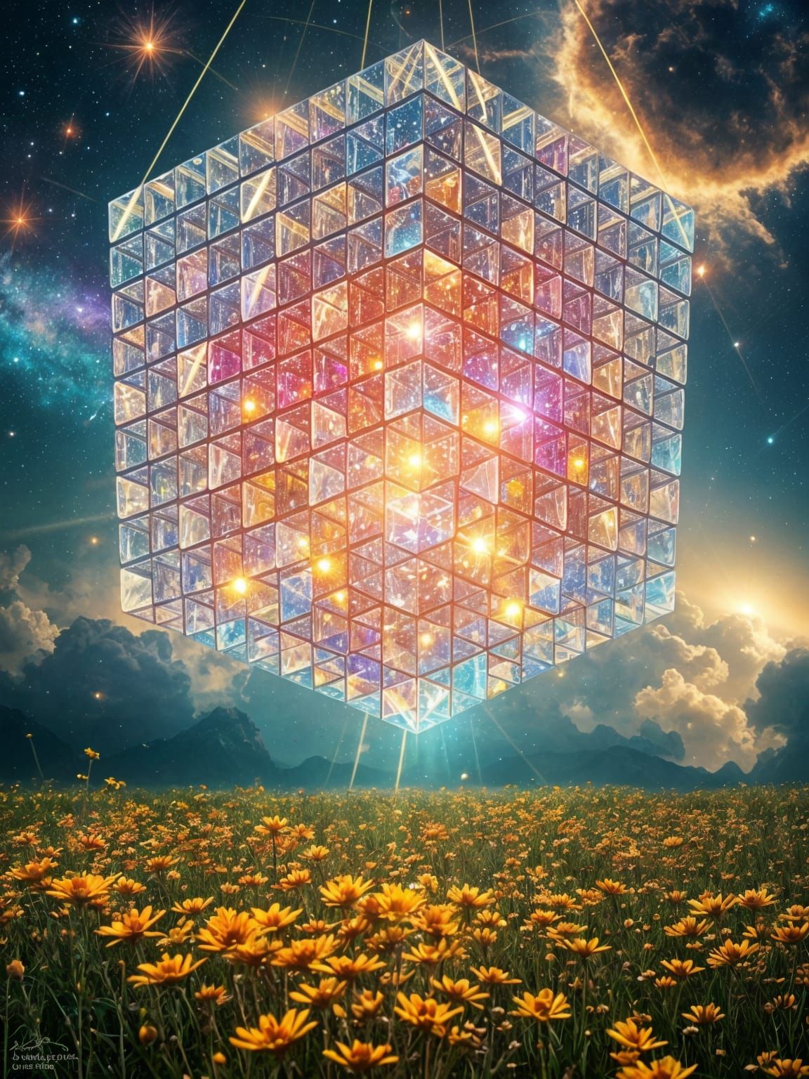 Cubes - Surreal, Glowing Cube Structure in Cosmic Meadow