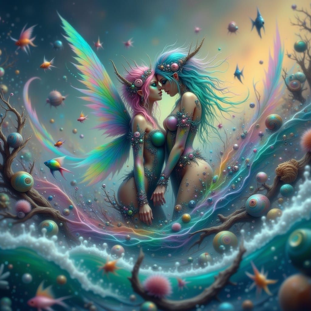 Wave Lovers Dance in Vibrant Oceanic Scene - AI Art