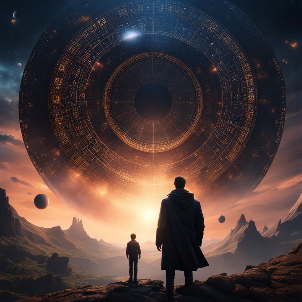 man standing far away observing the sky filled with large mathematical ...