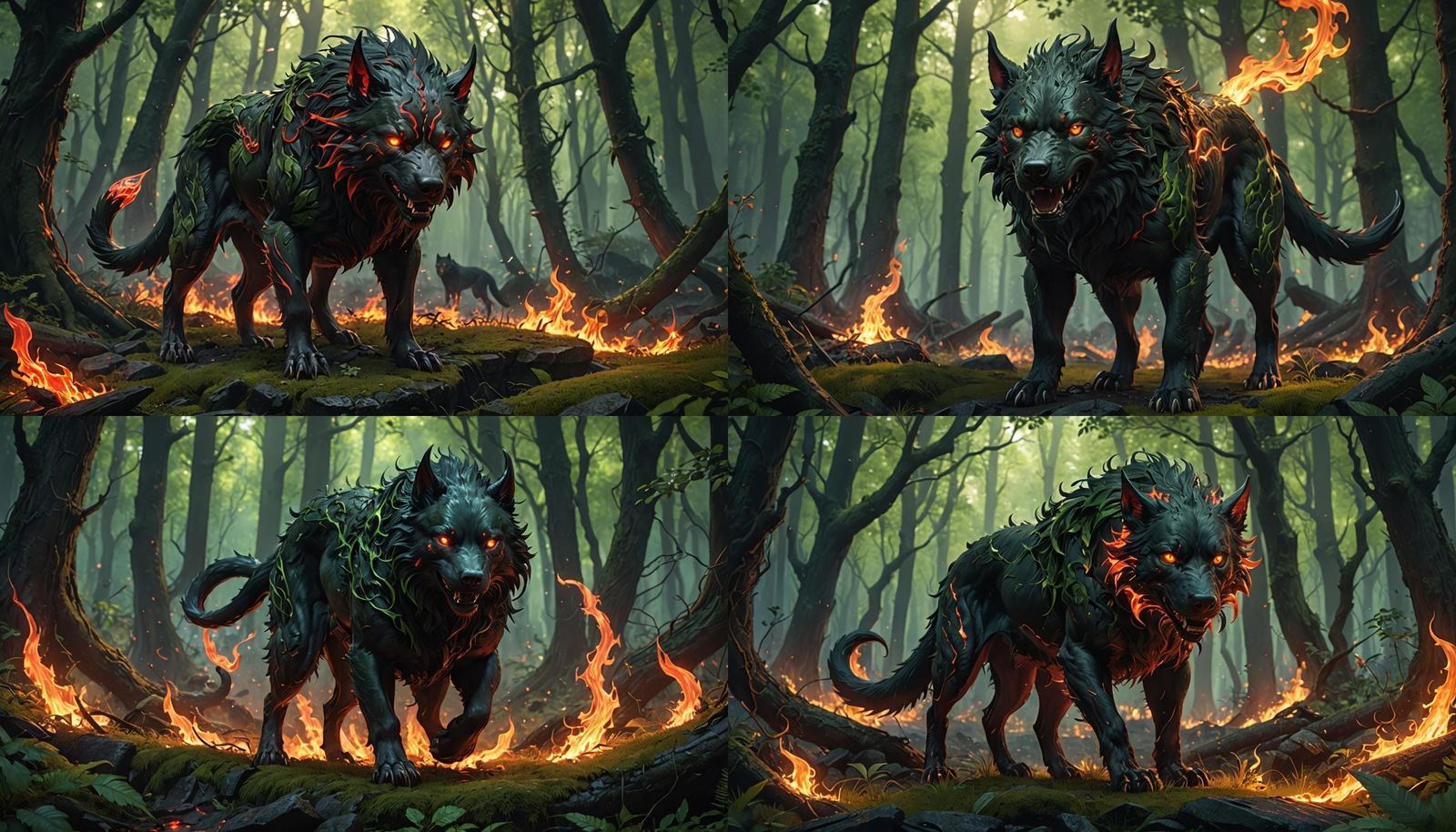 a hellhound hides in the edge of the green forest, its body surrounded ...