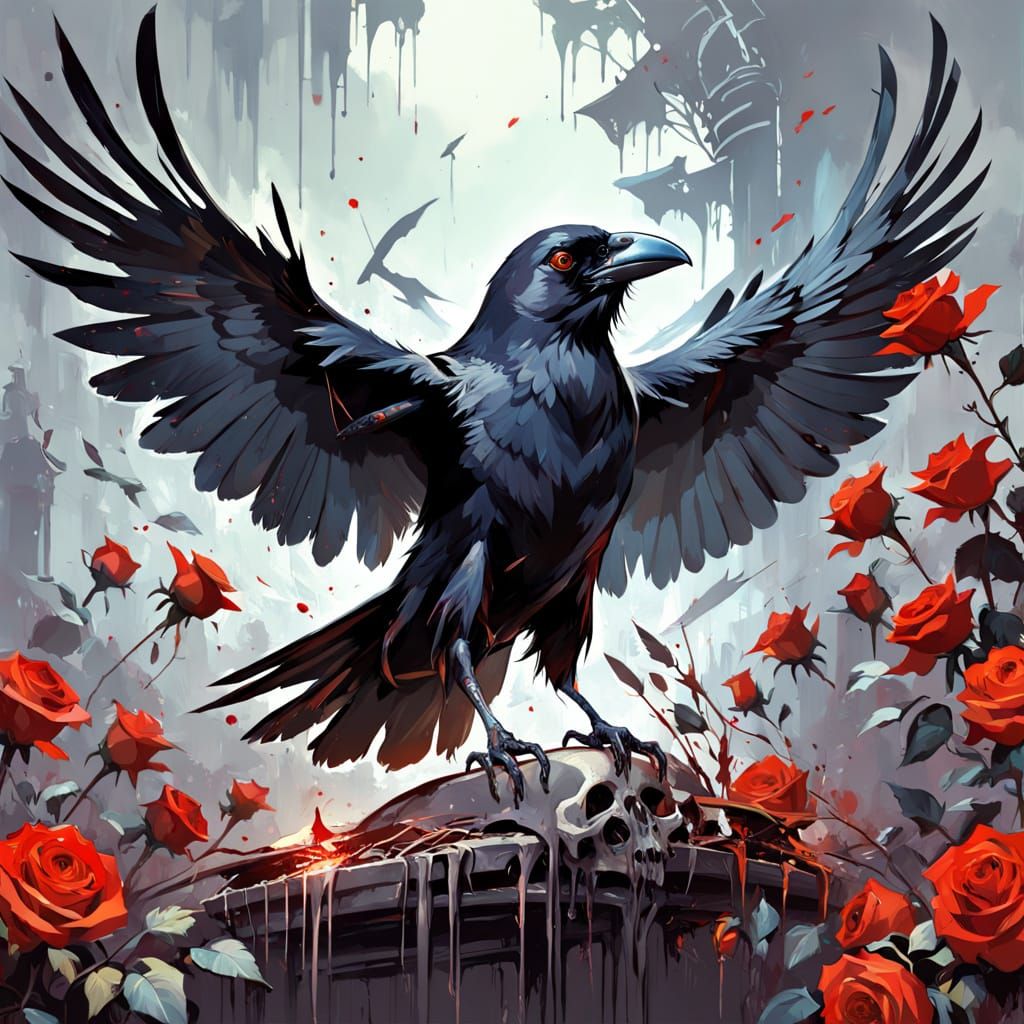 Surreal Gothic Crow Lands on Skull in Splattered W... - AI Art