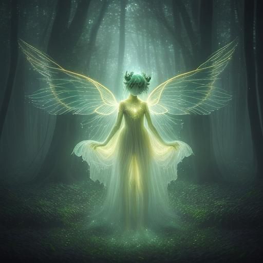 In the moonlit forest, a mystic pixie emerges with translucent wings ...