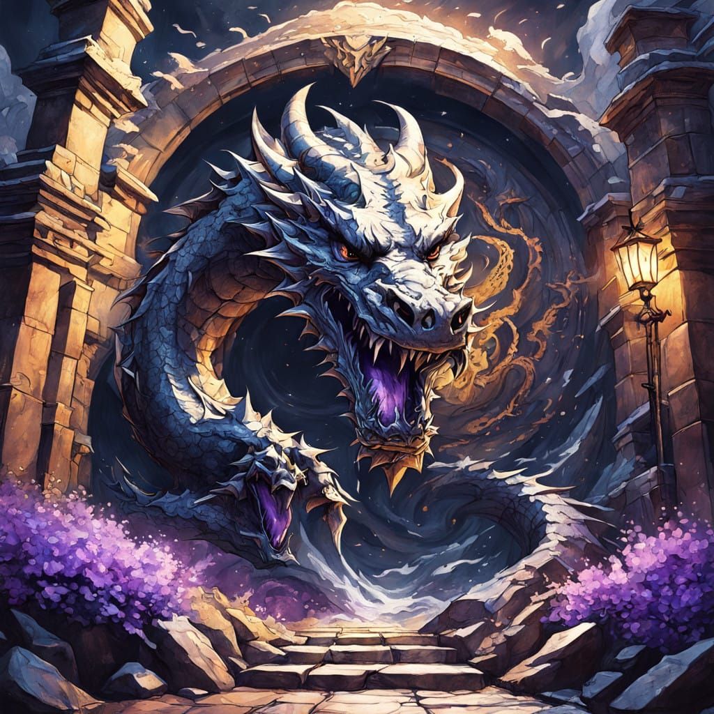 Furious Dragon Emerges from Stone Hole in Moody Bl... - AI Art