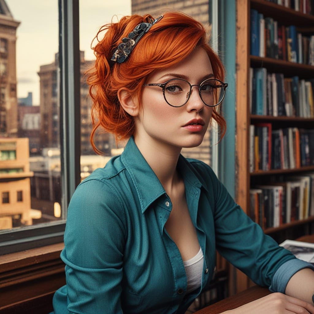 The Library - Vibrant Street Art Portrait of a Redheaded Col...