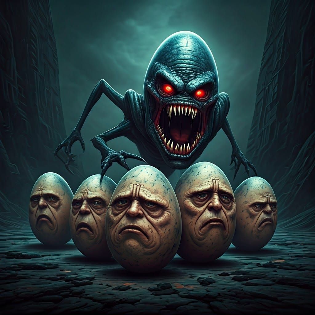 Alien chasing scowling angry eggs - Ethereal Sci-Fi Alien Pu...