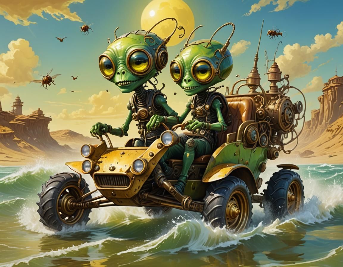 cute green alien female with big faceted eyes and insect antennae drive ...