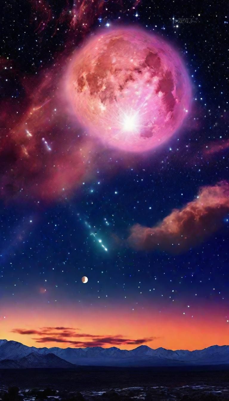 gorgeous night sky huge psychedelic moon and stars rising, meteors ...