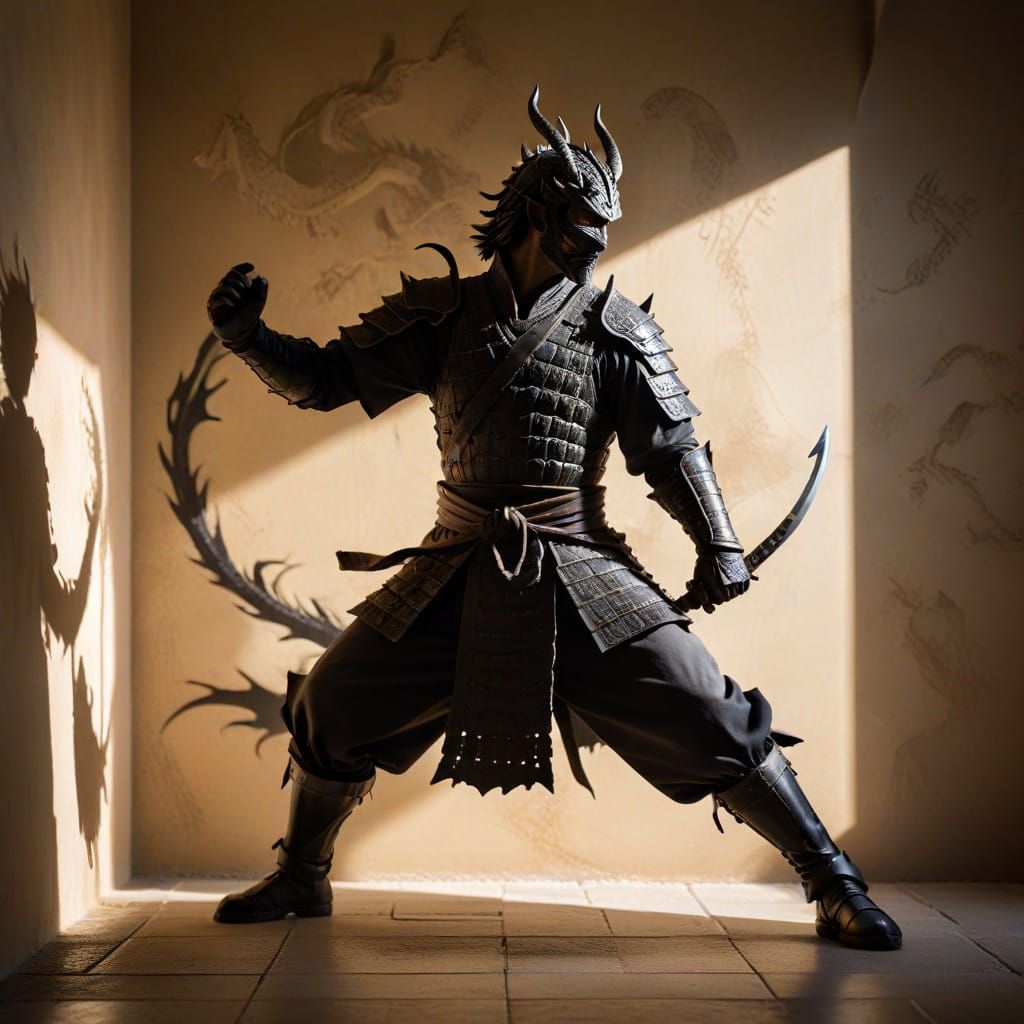 Samurai Crouches Frozen in Battle, Dragon Shadow o... - AI Art