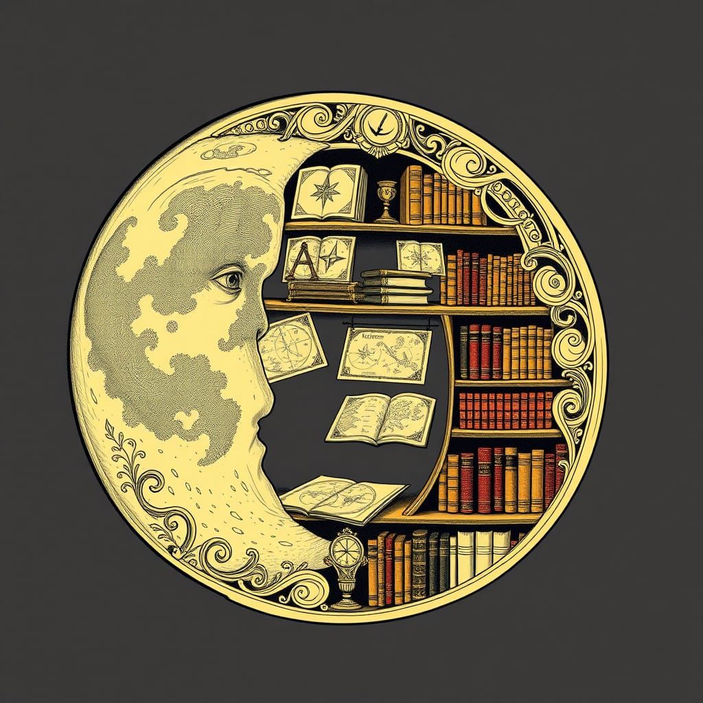 Promt for coloring book: Crescent moon morphing into a curved bookshelf ...