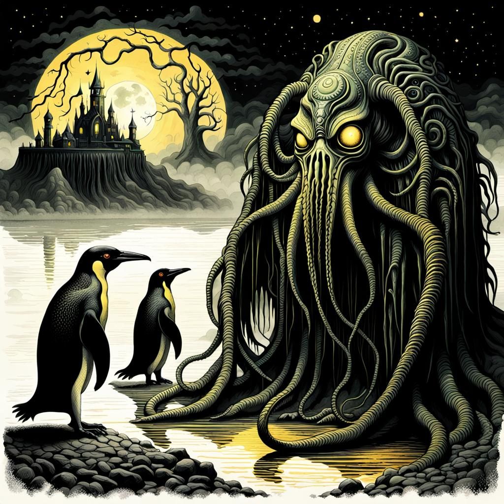 Penguins on the shore of the Lake of Hali near Lost Carcosa - AI ...