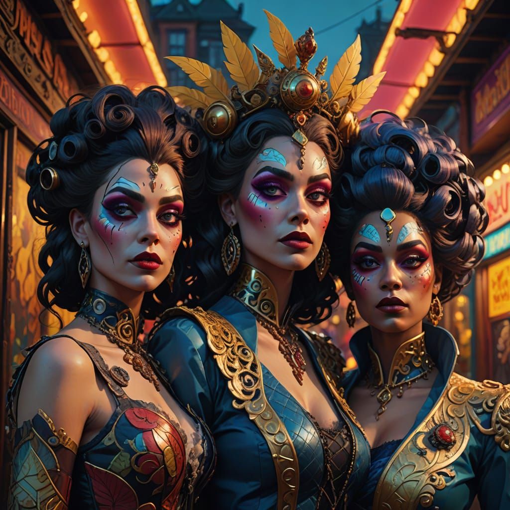 a group of three very glamorous drag queens in full drag and makeup