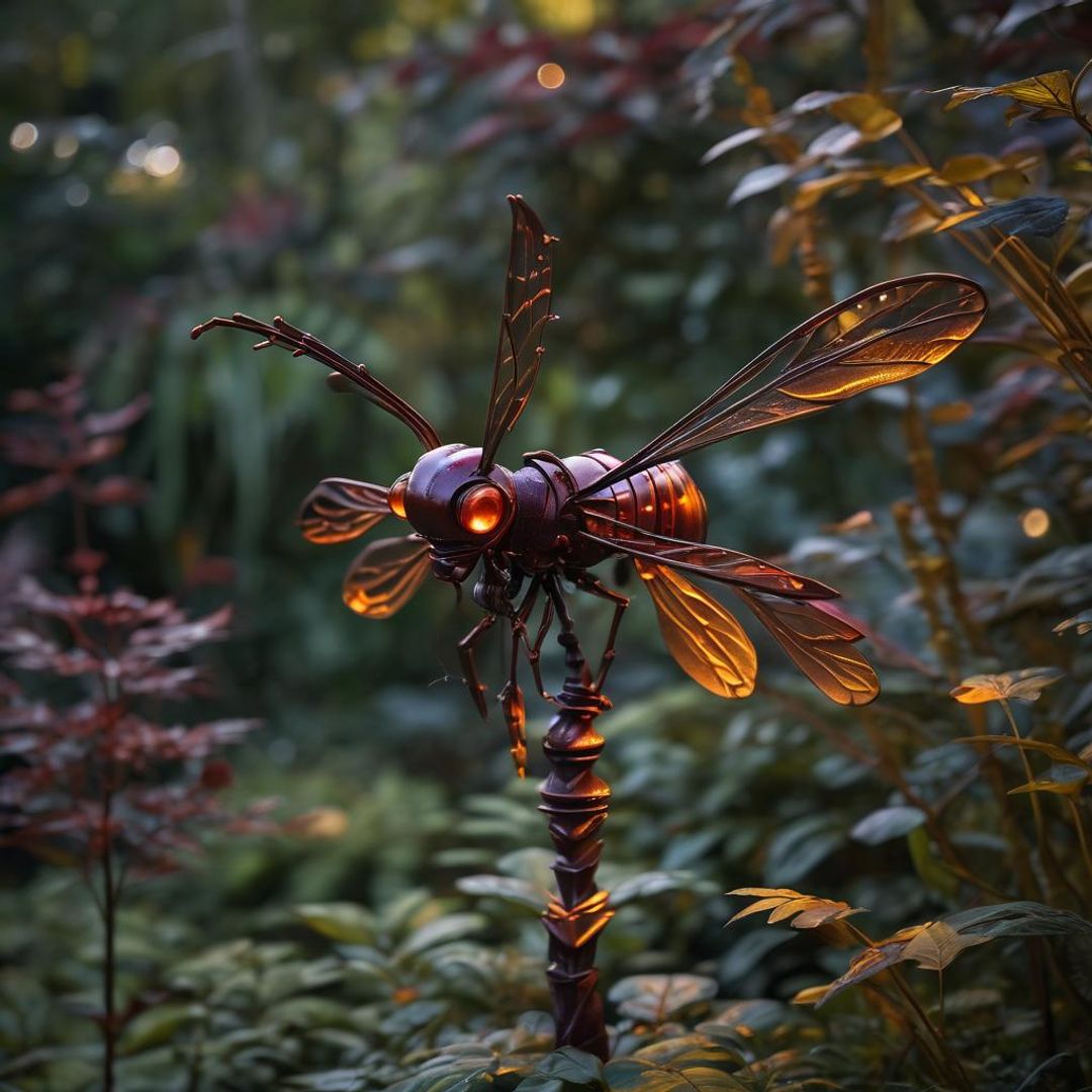 Art Deco metal glowing firefly sculpture, Fujifilm color positive ...