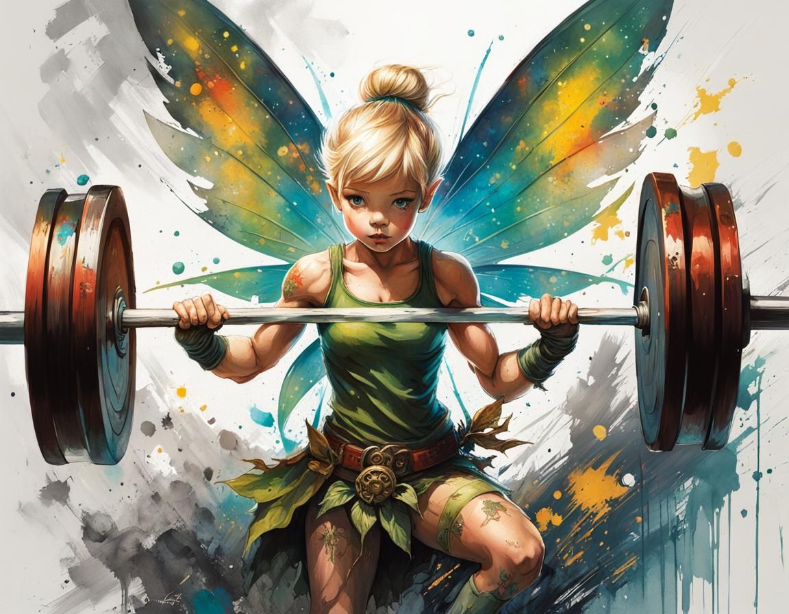 muscular badass tinkerbell fairy with tattoos lifting a huge simetrical ...