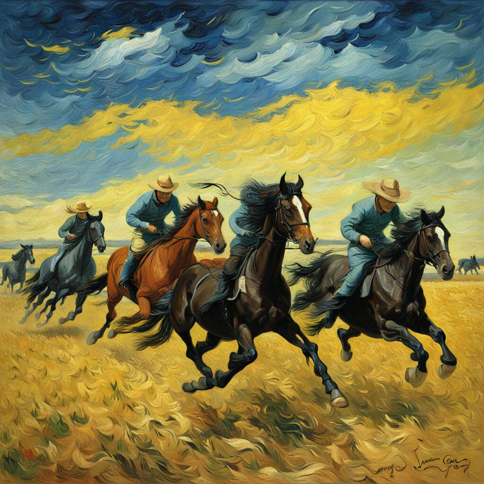 By Vincent Van Gogh. horses galloping across windy plains - AI ...