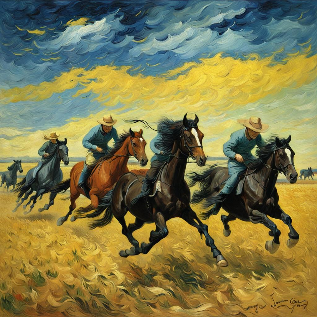 By Vincent Van Gogh. horses galloping across windy plains - AI ...