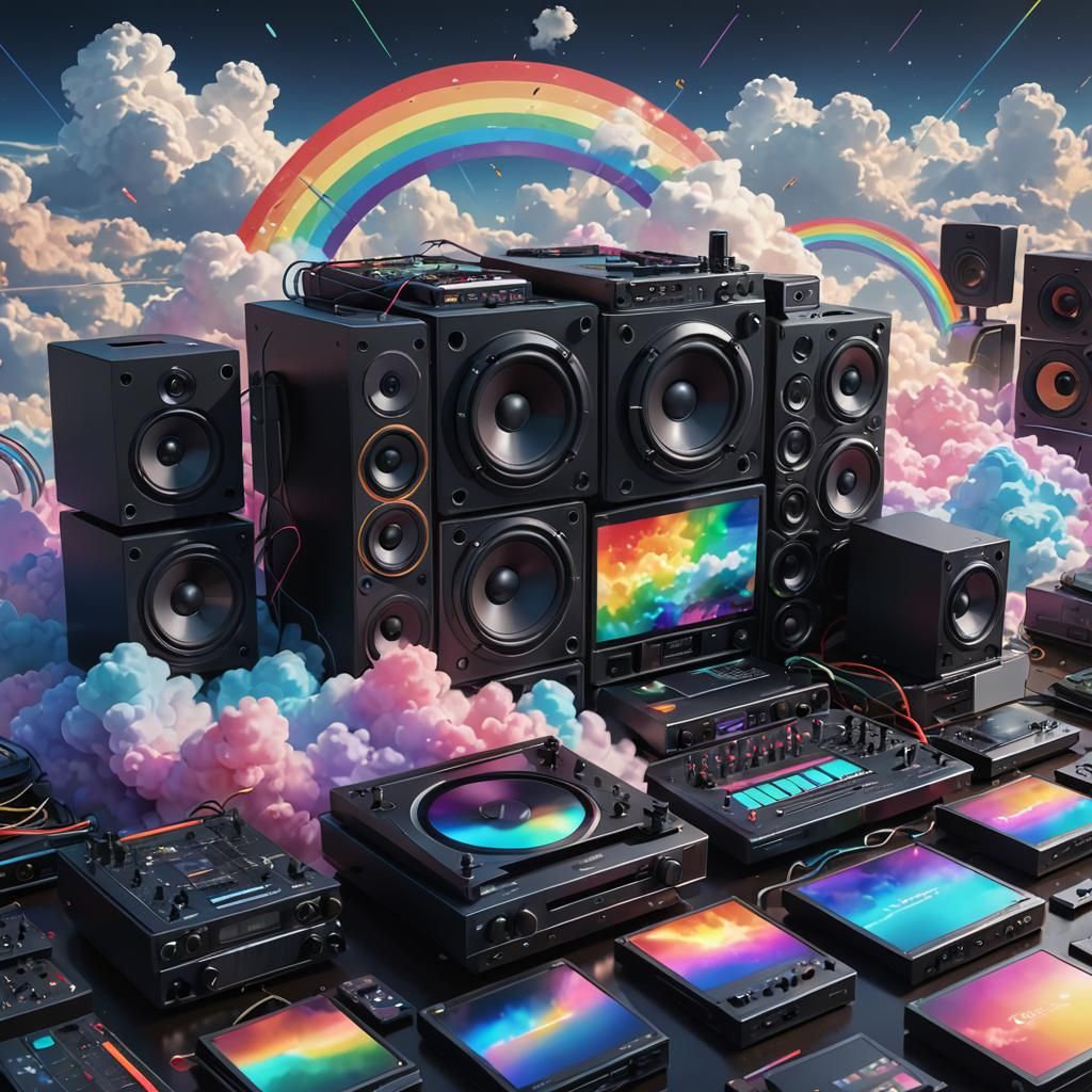 Many pieces of Hi-fi stereo equipment plugged together to create ...