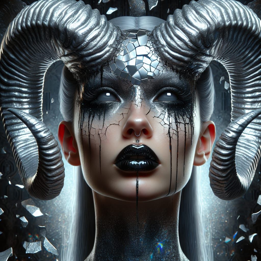 a female face upturned, gleaming silver metal twisted ram horns, black ...