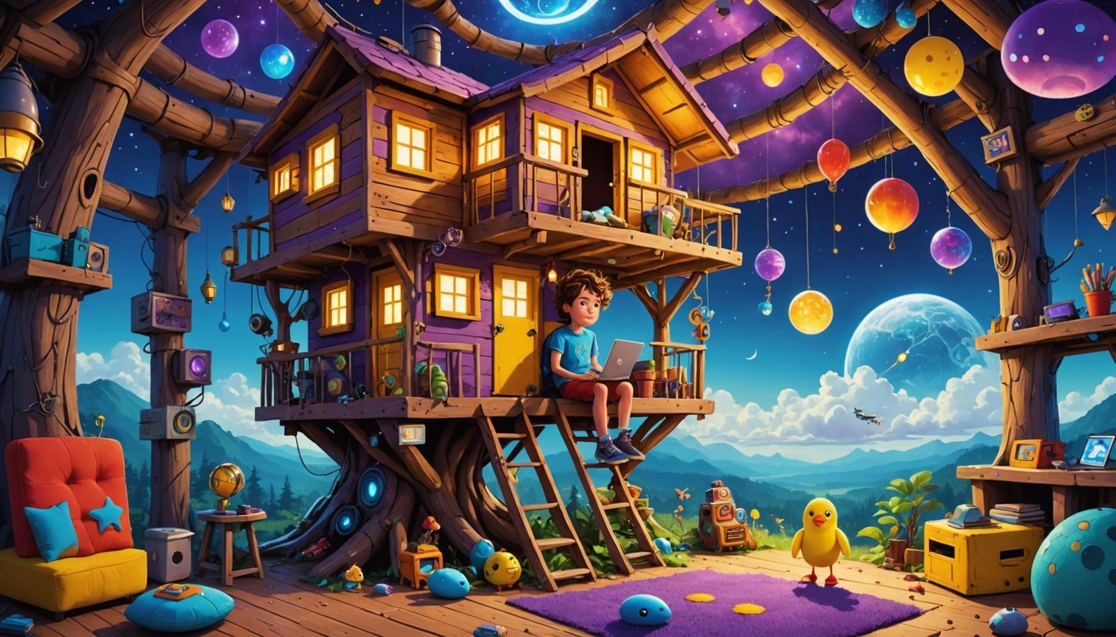 Whimsical Treehouse Scene with Sci-Fi Elements in ... - AI Art