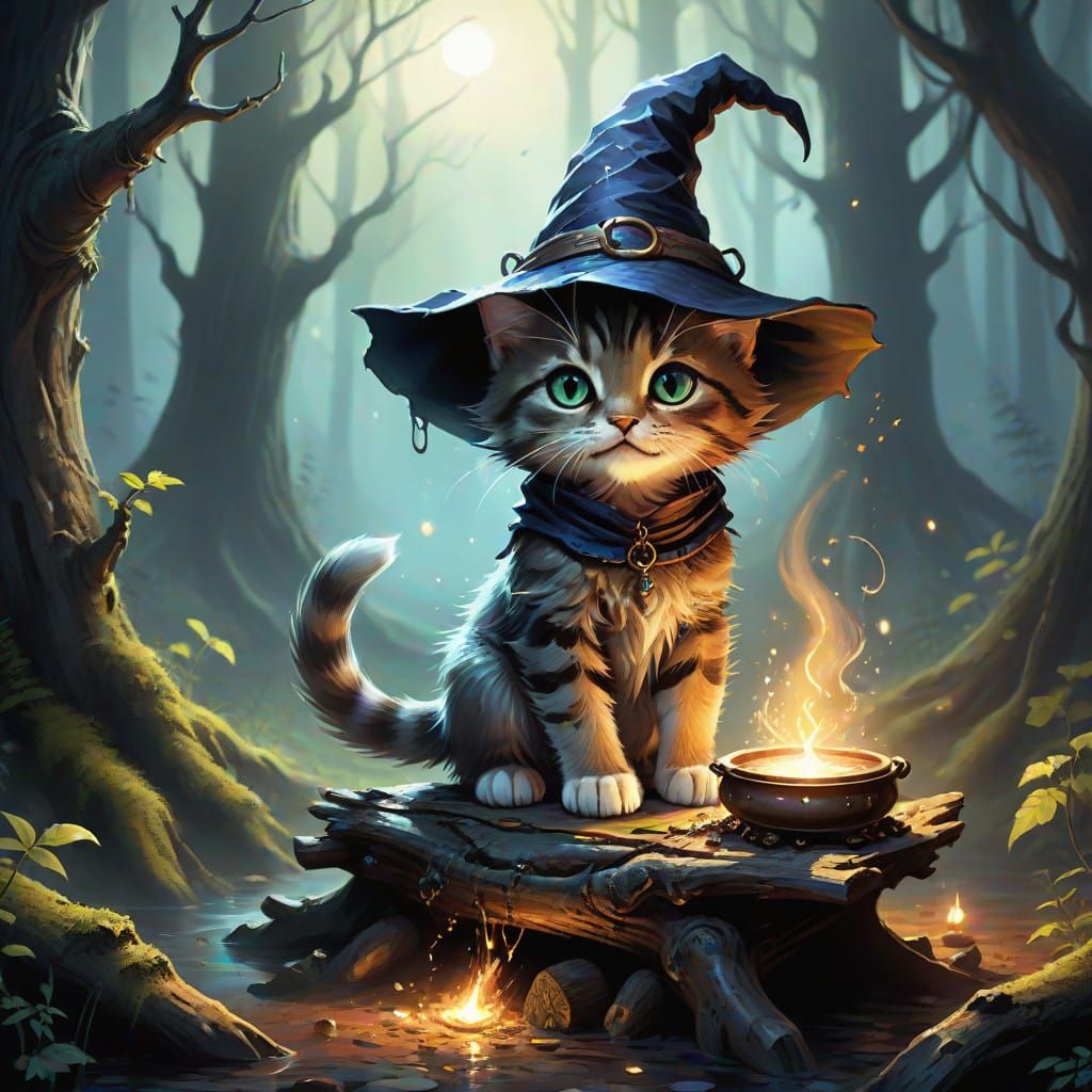 Mystical Kitten in Spellbinding Forest Scene - AI Art