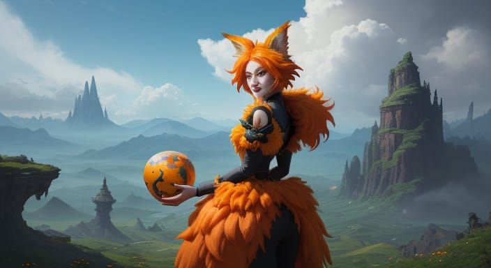 Vibrant Young Woman in Firefox Costume Hugs a Boun... - AI Art