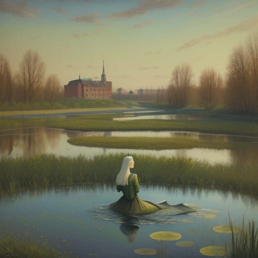Surrealist Mermaid in a Soviet Farm Pond Landscape - AI Art