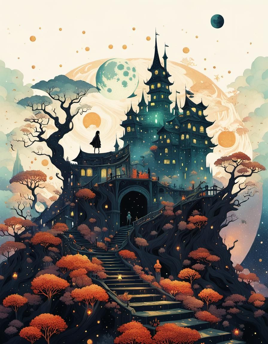 Rooftop Castle View - Surreal Starry Night Castle in Hyperma...