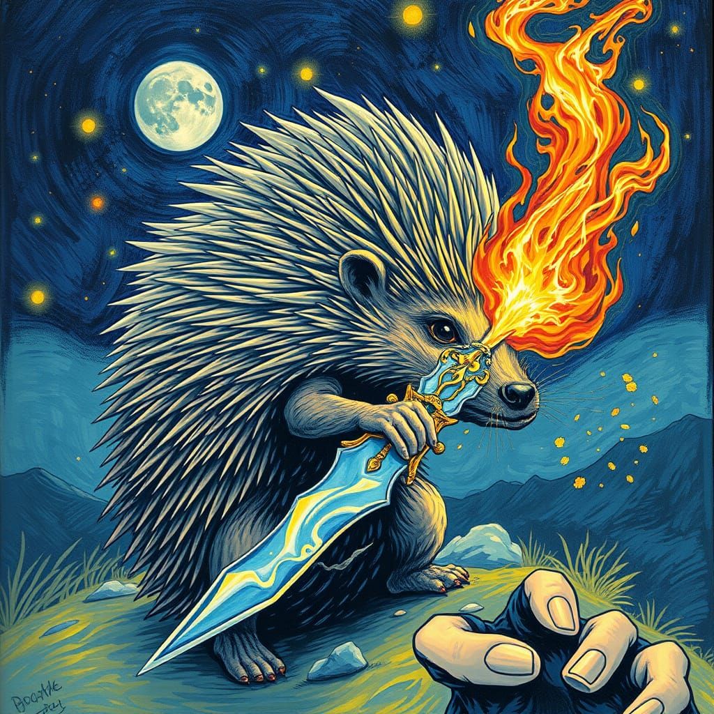 Ethereal Hedgehog Wields Ancient Elemental Swords - AI Art