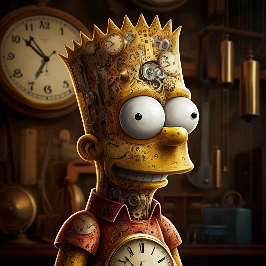 Whimsical Clockwork Bart Simpson Sculpture - AI Art