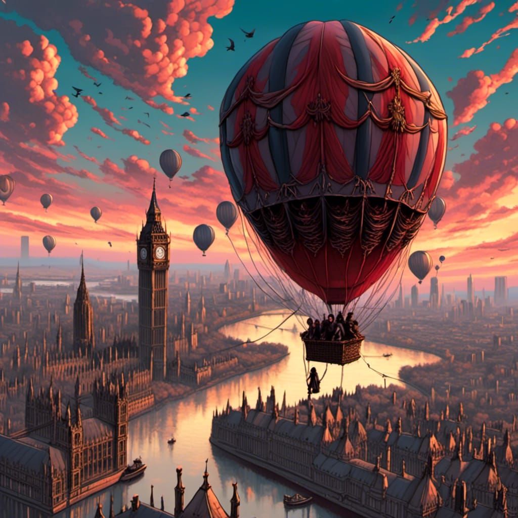 Hot air balloon floating in the sky above London, England - AI ...