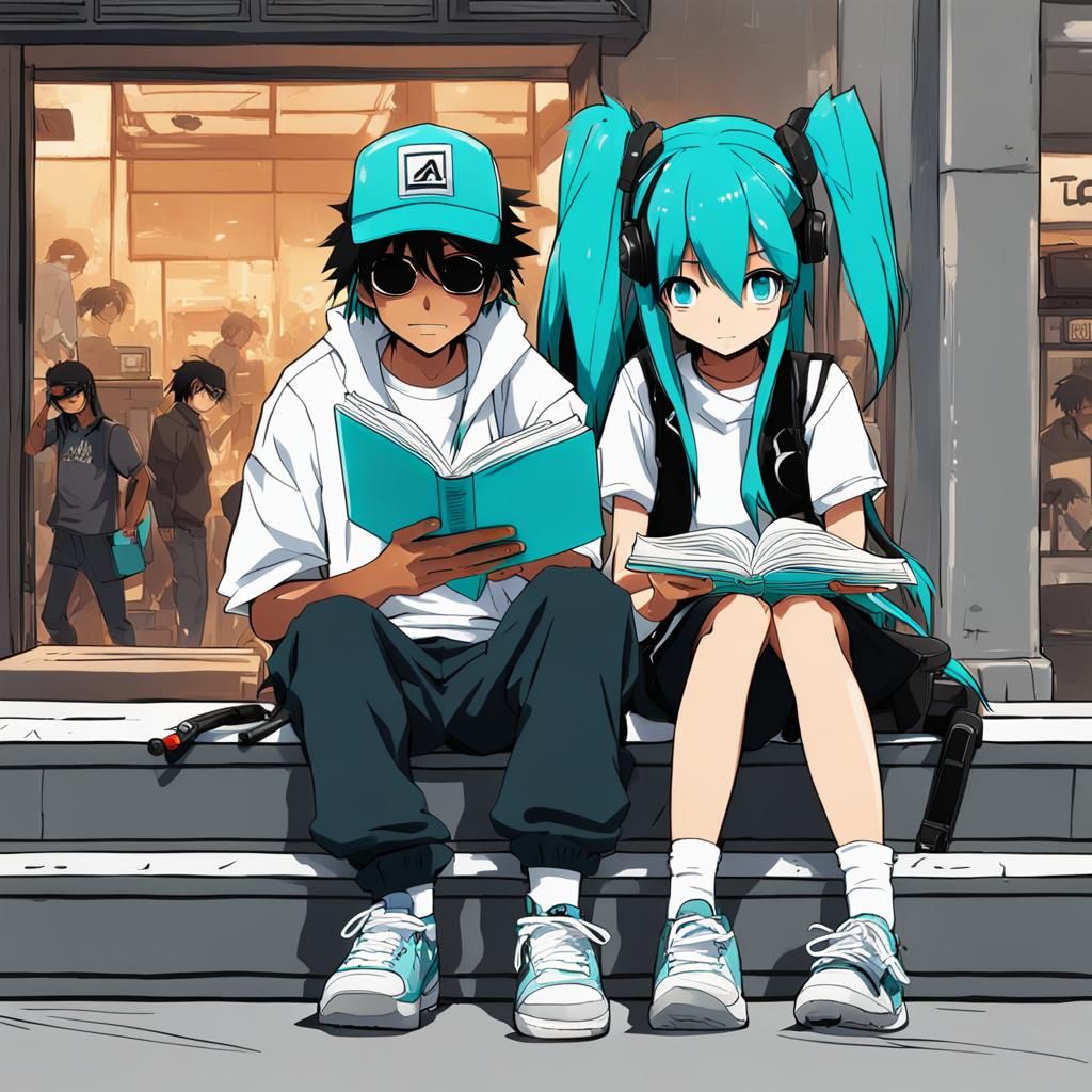 eazy e and hatsune miku reading a book while sitting on a stairway - AI Generated Artwork ...