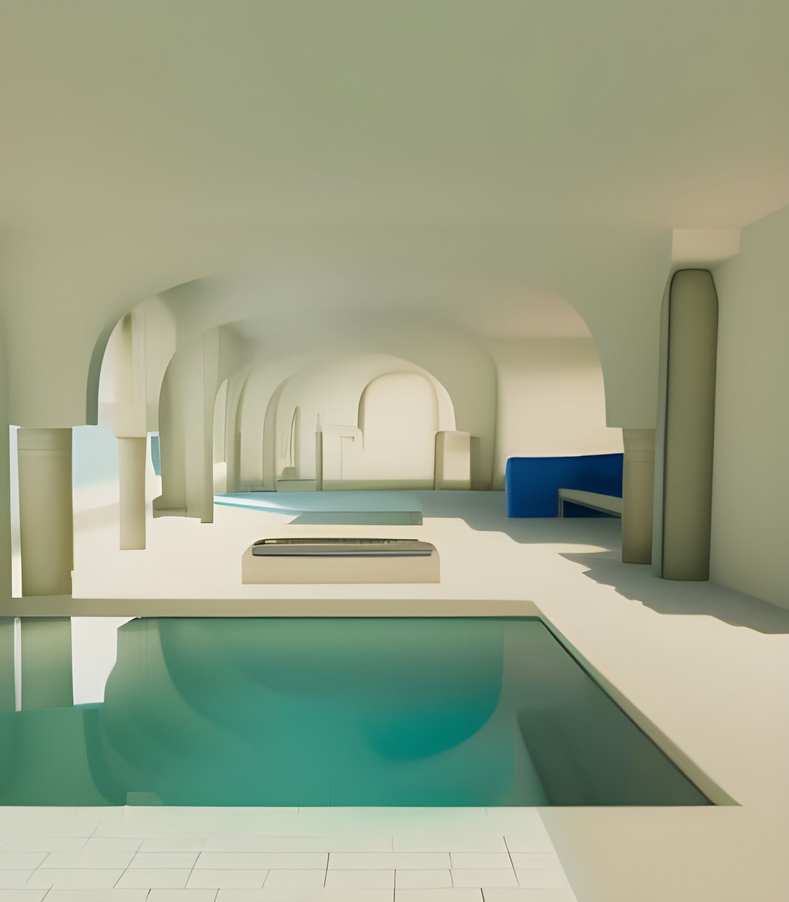 Liminal pool blue water whit tiles class room trending on Artstation Unreal Engine 3D shading ...