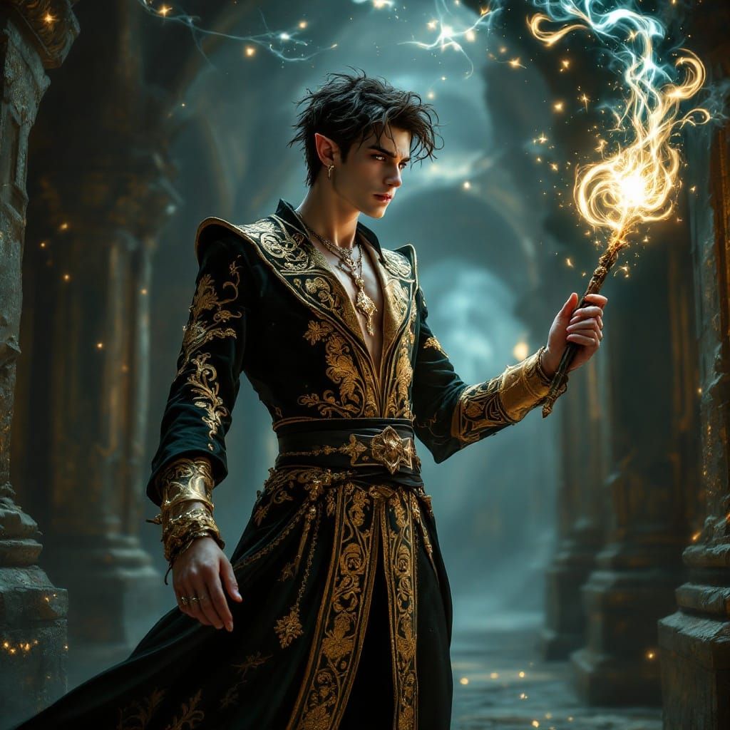 Elven Sorcerer 250410A - Mystical Elf Sorcerer Embodies Magi...