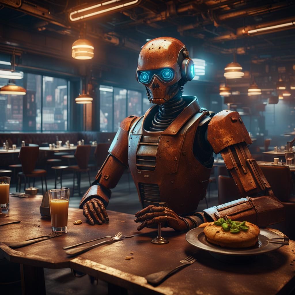 Rusty robot in a restaurang - AI Generated Artwork - NightCafe Creator