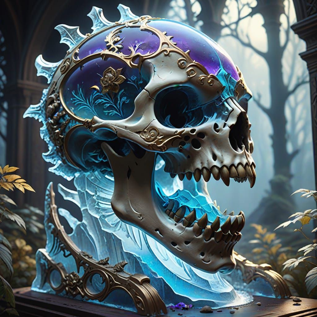 Frozen Raptor Skull in Mystic Forest Glows with Et... - AI Art